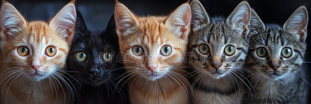 Five Kittens with Intense Eyes Looking at the Observer, Showing ...