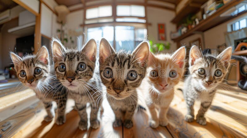Five Kittens in a Row Indoors Stock Image - Image of floor, domestic ...