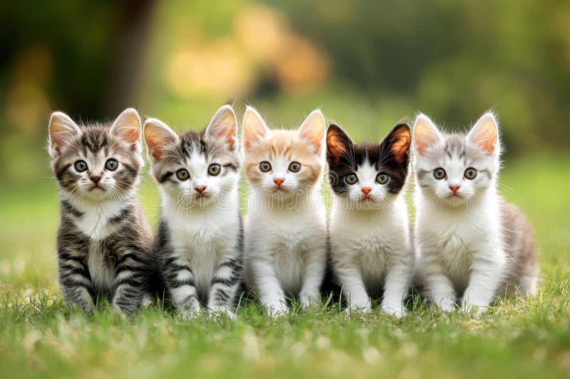 Five Kittens Sit Together in Green Grass, Showing Innocence and ...