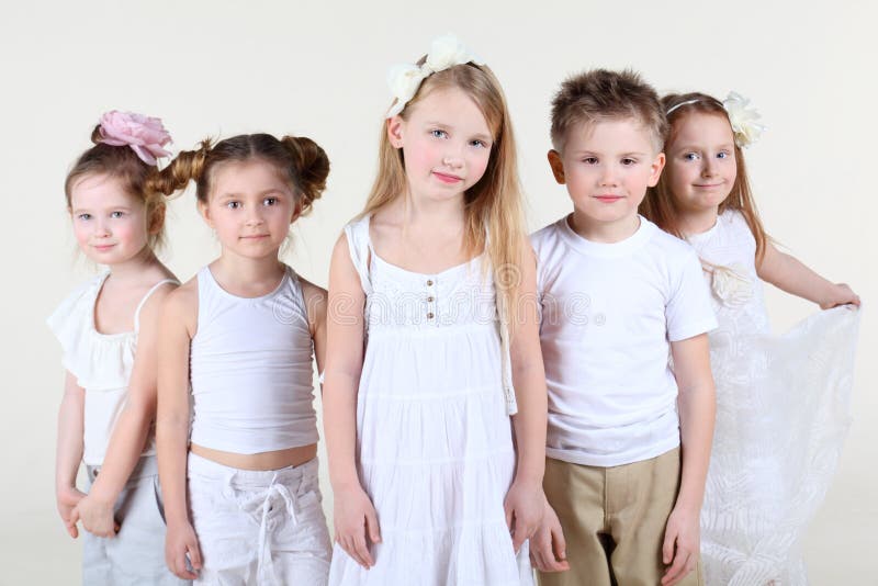 Five Little Children Stand and Look at Camera Stock Photo - Image of ...