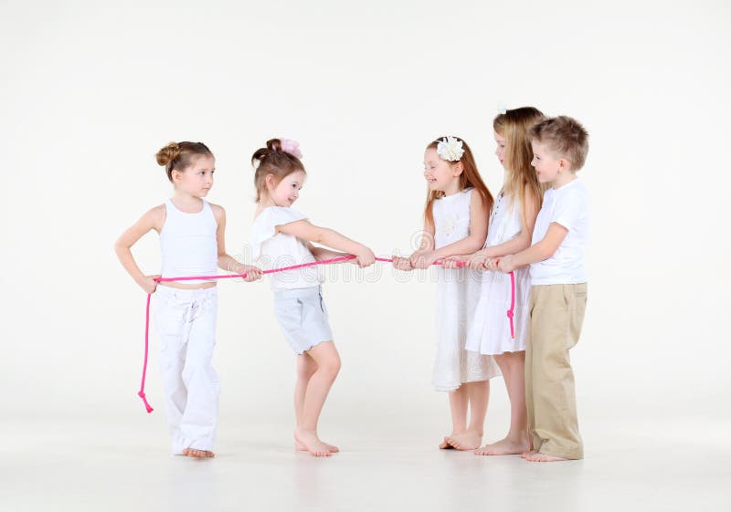 Five Little Children in White Clothes Draw Over Rope. Stock Photo ...