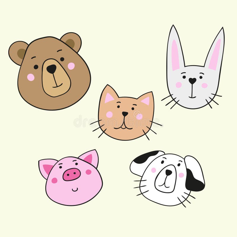 Five Lovely Cartoon Animal Muzzles in Hand-drawn Style. Stock Vector ...