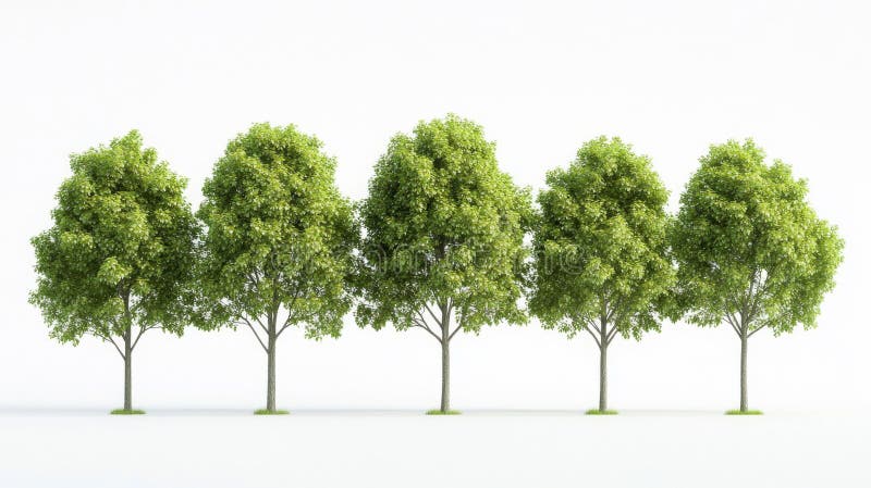 Five Lush Green Birch Trees in a Row Against White Background Stock ...