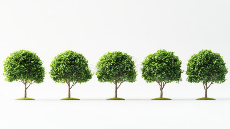 Five Lush Green Trees in a Row Against White Background Stock ...