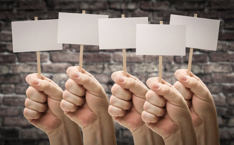 Five Male Hands Holding Blank Signs Against Aged Brick Wall Stock Image ...