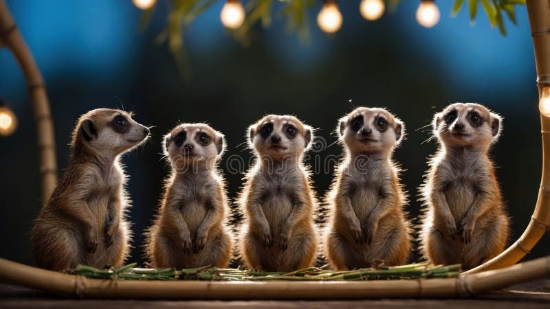 Five Meerkats Standing on a Bamboo Structure, Illuminated by Soft ...