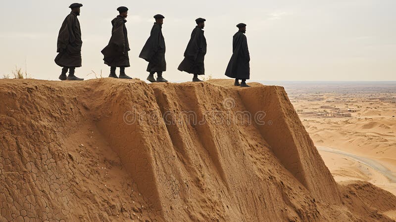 Five Men in Cloaks Walking Along a Sandy Ridge Stock Illustration ...