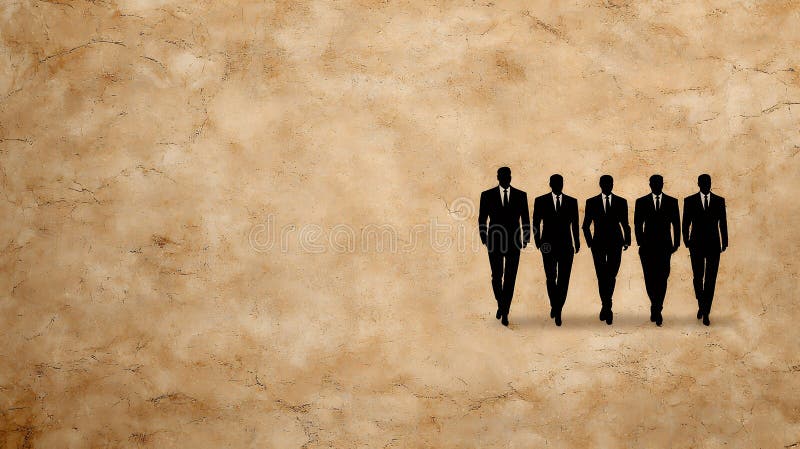 Five Men in Suits Silhouette Walking on Tan Textured Background Stock ...