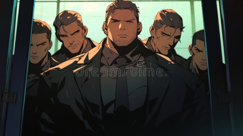 Five Men in Suits Stand in a Row, Looking Serious and Focused. they are ...