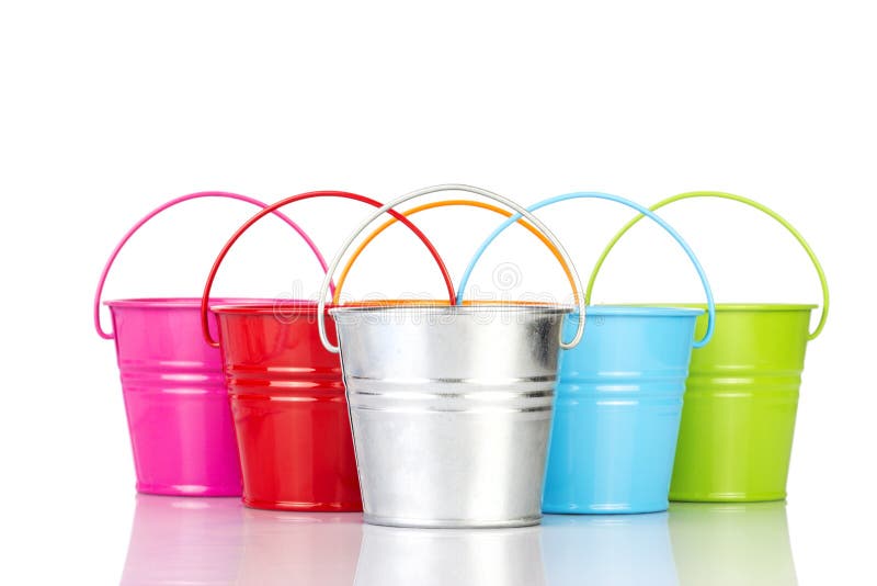 Five Metal Bucket with Handle on White Background Stock Photo - Image ...