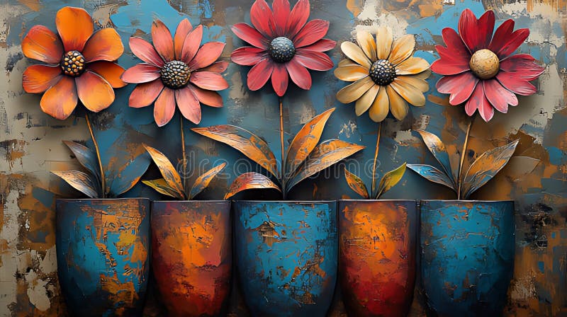 Five Metal Flowers in Blue Pots on a Textured Background Stock ...