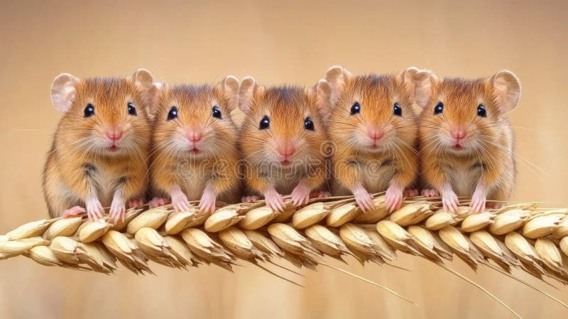 Five Mice Sitting on Top of a Wheat Stalk, AI Stock Photo - Image of ...