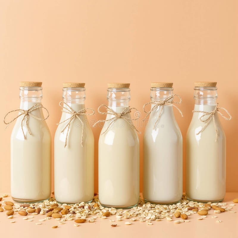 Five Milk Bottles with Lids on a Table Stock Illustration ...