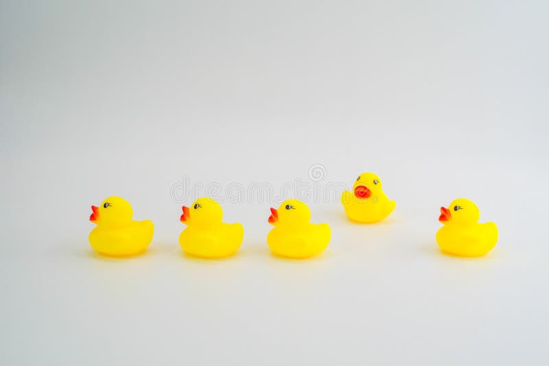 Five Mini Yellow Rubber Ducks in a Row. One Duck Making Their Wa Stock ...