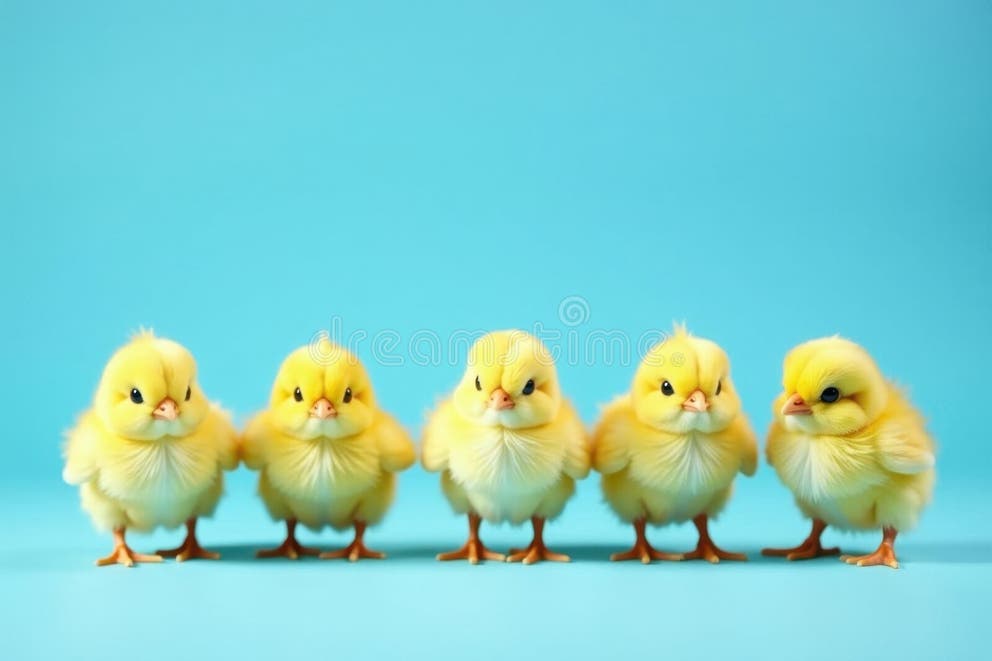 Five Miniature Easter Chicks in a Row Against a Smooth Blue Backdrop ...