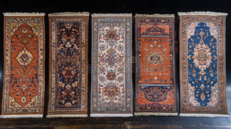 Five Miniature Oriental Rugs with Intricate Floral Patterns on Dark ...