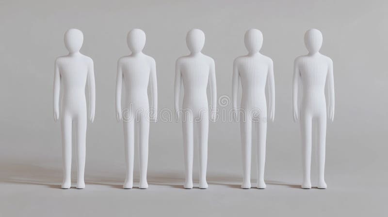 Five Minimalist White Figures Lined Up Against a Neutral Background in ...