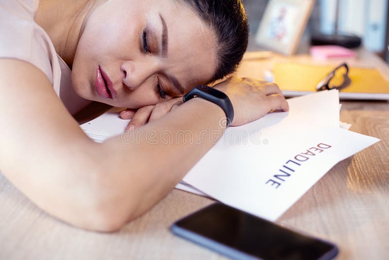 Tranquil Female Employee Napping at Work Stock Photo - Image of ...