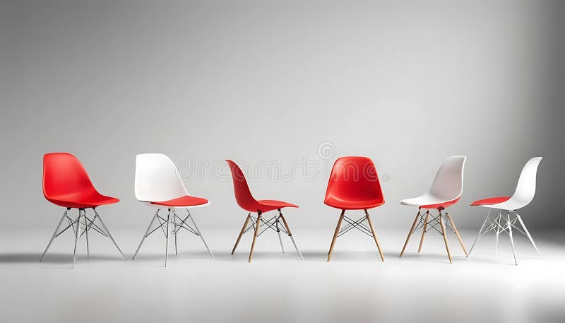 Five Modern Chairs, Red and White, Minimalist Design Studio Setting ...