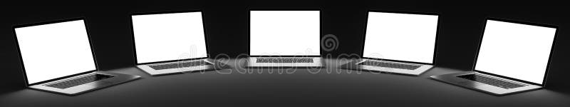 Five Modern Laptop in the Dark 3D Rendering Stock Illustration ...