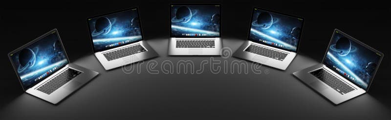 Five Modern Laptop in the Dark 3D Rendering Stock Illustration ...