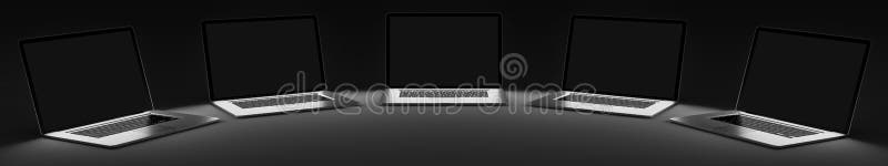 Five Modern Laptop in the Dark 3D Rendering Stock Illustration ...
