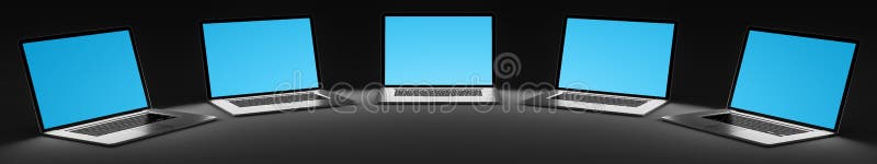 Five Modern Laptop in the Dark 3D Rendering Stock Illustration ...