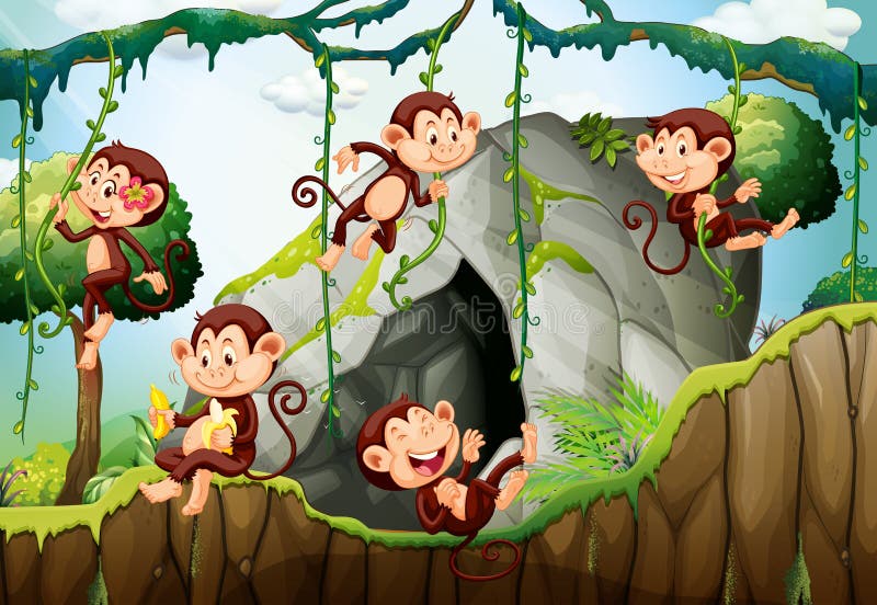 Monkeys Climbing Tree In The Jungle Stock Vector - Illustration of ...