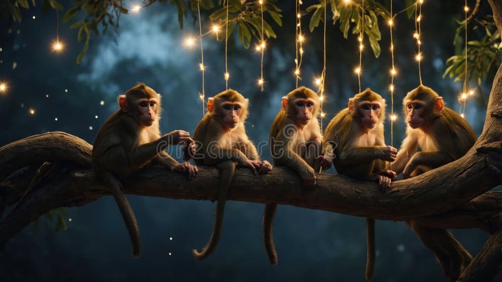 Adorable Monkeys on Branch with Fairy Lights at Night Stock ...