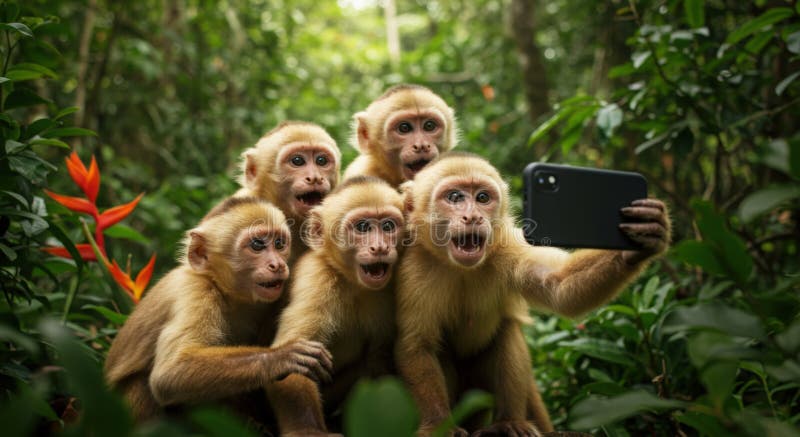 Five Monkeys Taking a Selfie in the Rainforest Stock Illustration ...