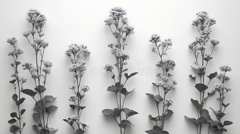 Five Monochrome Floral Stems Against White Background Stock ...