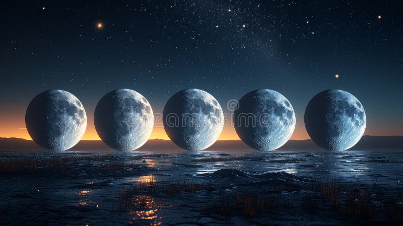 Five Moons Reflecting on Water at Night with Starry Sky Stock Image ...