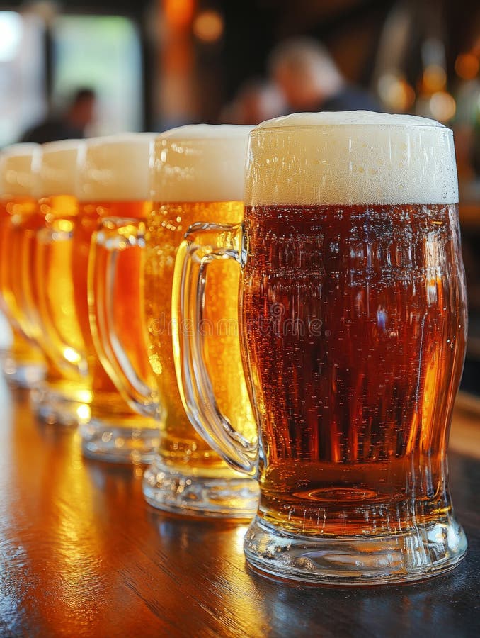 Five Mugs of Frothy Beer on a Wooden Table Stock Photo - Image of ...