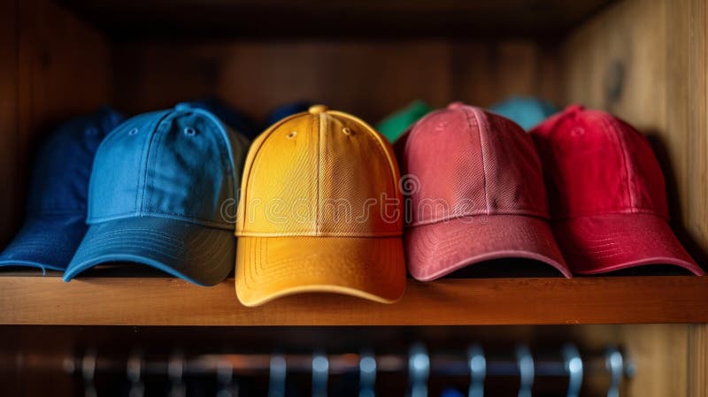 Five Multi-colored Baseball Caps Lie on a Shelf in a Closet in a Row ...