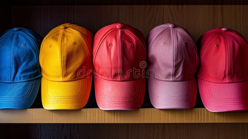 Five Multi-colored Baseball Caps Lie on a Shelf in a Closet in a Row ...