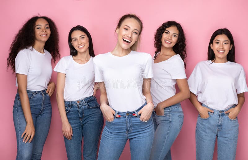 Five Multicultural Women Posing Over Pink Studio Background Stock Image ...
