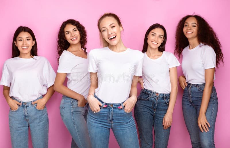 Five Multicultural Women Posing Over Pink Studio Background Stock Image ...