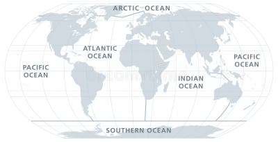 The Five Oceans of the World, Model of Oceanic Divisions, Gray Map ...