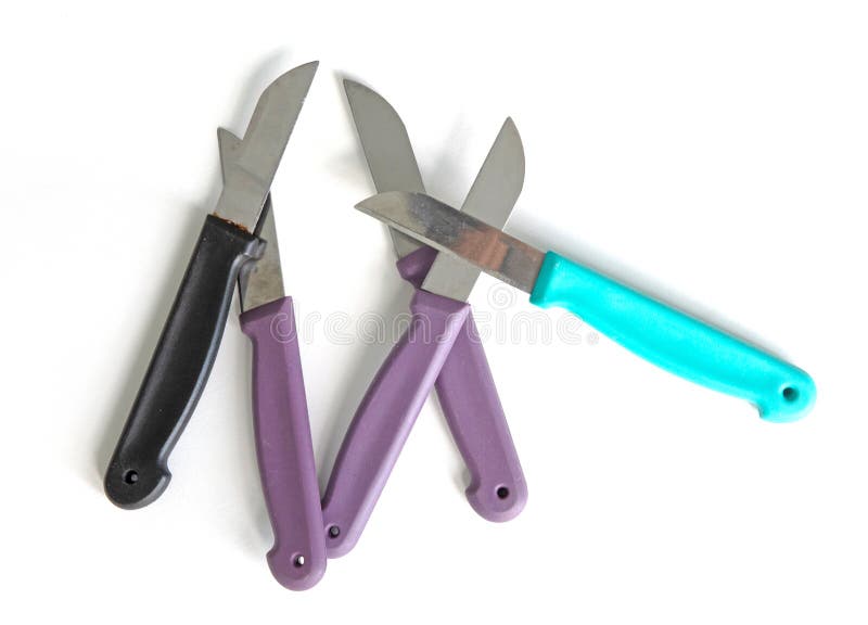 Five old kitchen knives stock photo. Image of plastic - 227787776