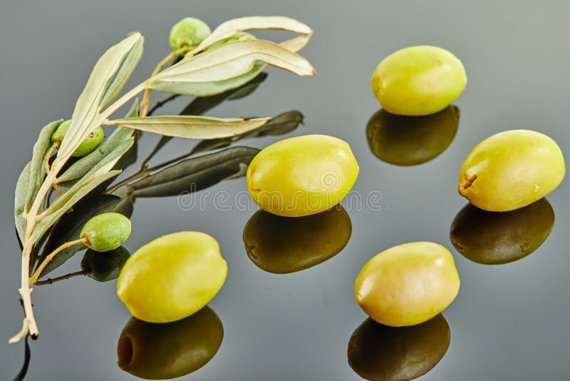 Five Olives with Olive Tree Branch with Fruits Lying on a Gray ...