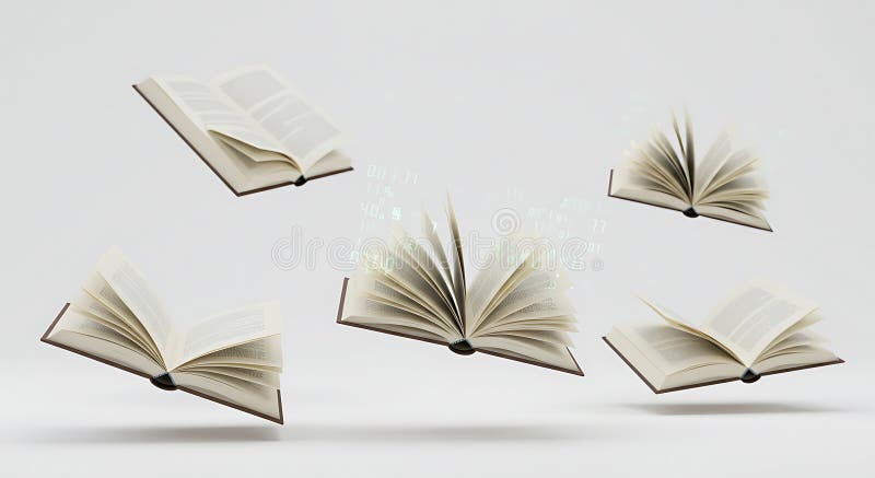 Five Open Books are Floating in a Neutral Space. they are Arranged at ...