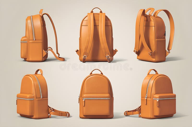 Five Orange Backpacks Displayed from Various Angles Stock Illustration ...