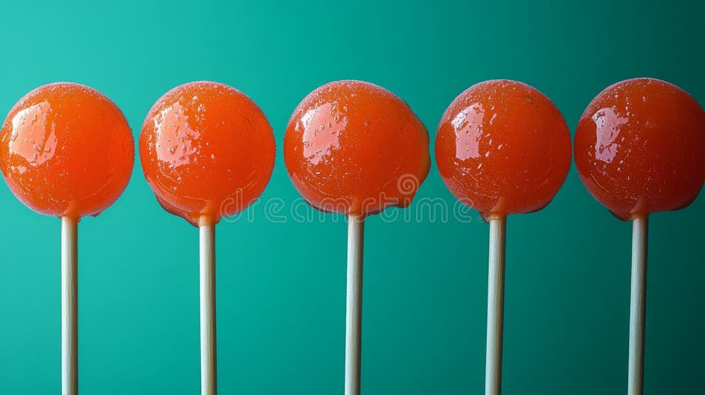 Five Orange Lollipops in a Row on a Green Background Stock Image ...