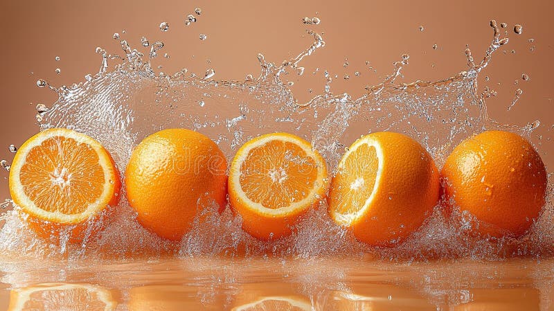 Five Oranges, Two Halved, in Water Splash Stock Illustration ...