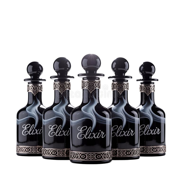 Five Elegant Black Elixir Bottles with Silver Accents Mystical ...