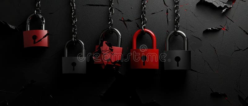 Five Padlocks Hanging on Chains, One Red Padlock is Broken and the Rest ...