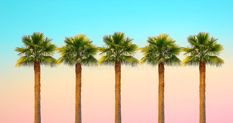 Five Palm Trees Against Gradient Sky Stock Illustration - Illustration ...