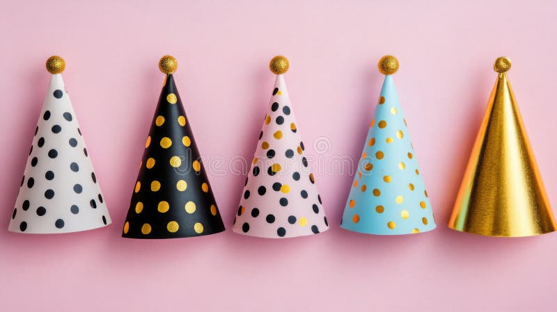 Five Party Hats with Gold Polka Dots on a Pink Background Stock ...