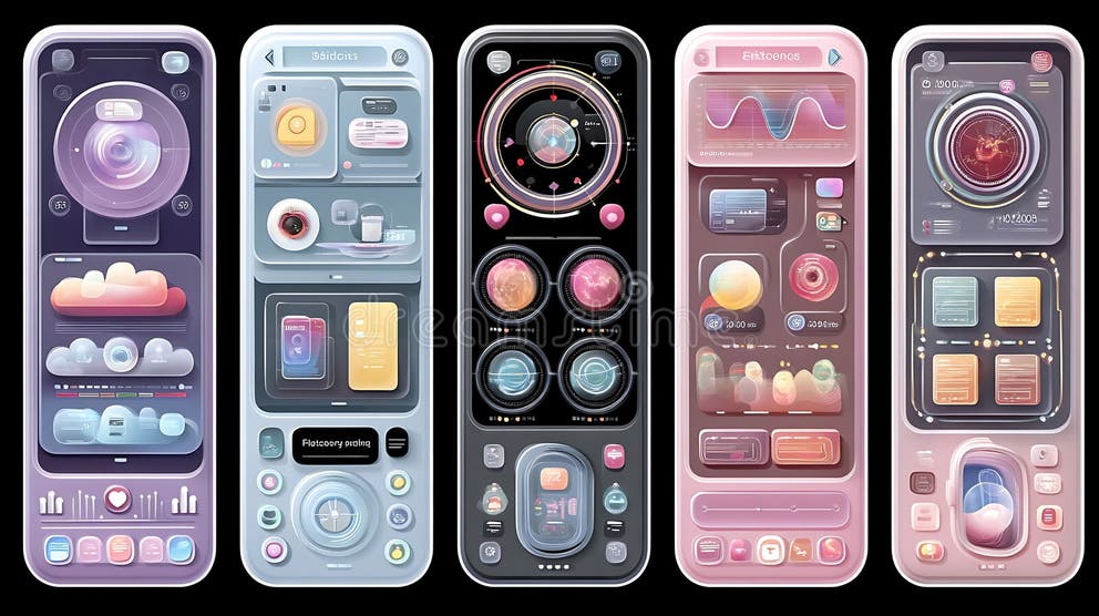 Five Pastel Colored Mobile Phone Interfaces with Various App Icons and ...