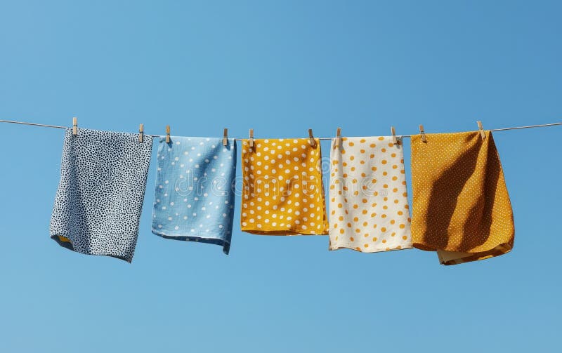 Five Patterned Cloths Drying on Clothesline Under Blue Sky Stock ...